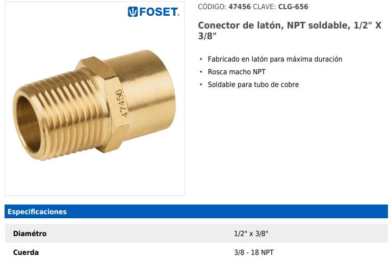 Grupo Ferretero CHC :: Conector de latón, NPT soldable, 1/2" X 3/8"