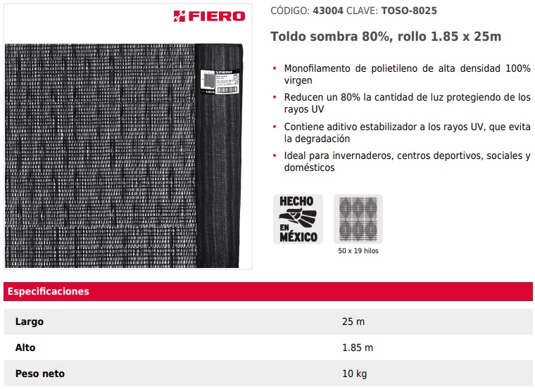 Grupo Ferretero CHC :: Toldo sombra 80%, rollo 1.85 x 25m