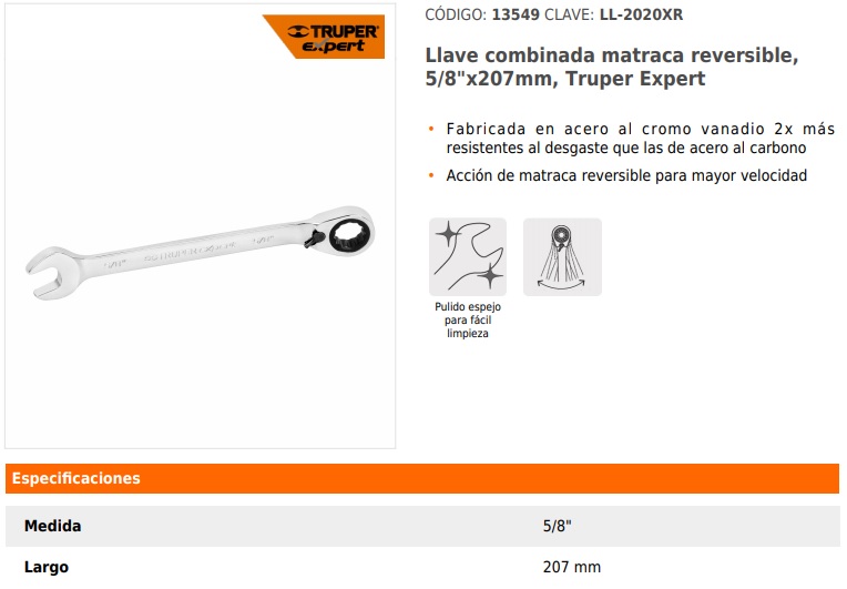 Grupo Ferretero CHC :: Llave combinada matraca reversible, 5/8"x207mm