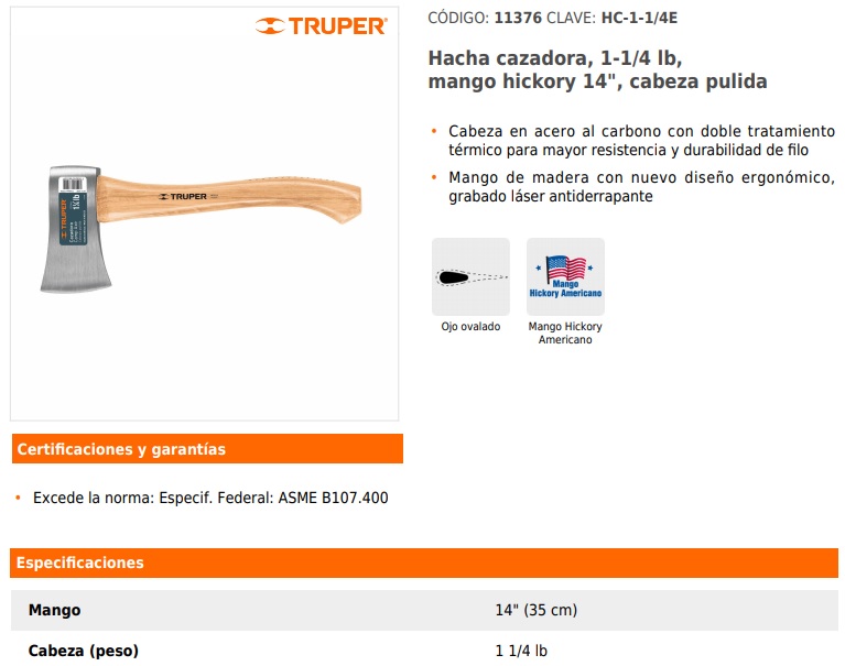 Grupo Ferretero CHC :: Hacha cazadora, 1-1/4 lb, mango hickory 14", cabeza pulida